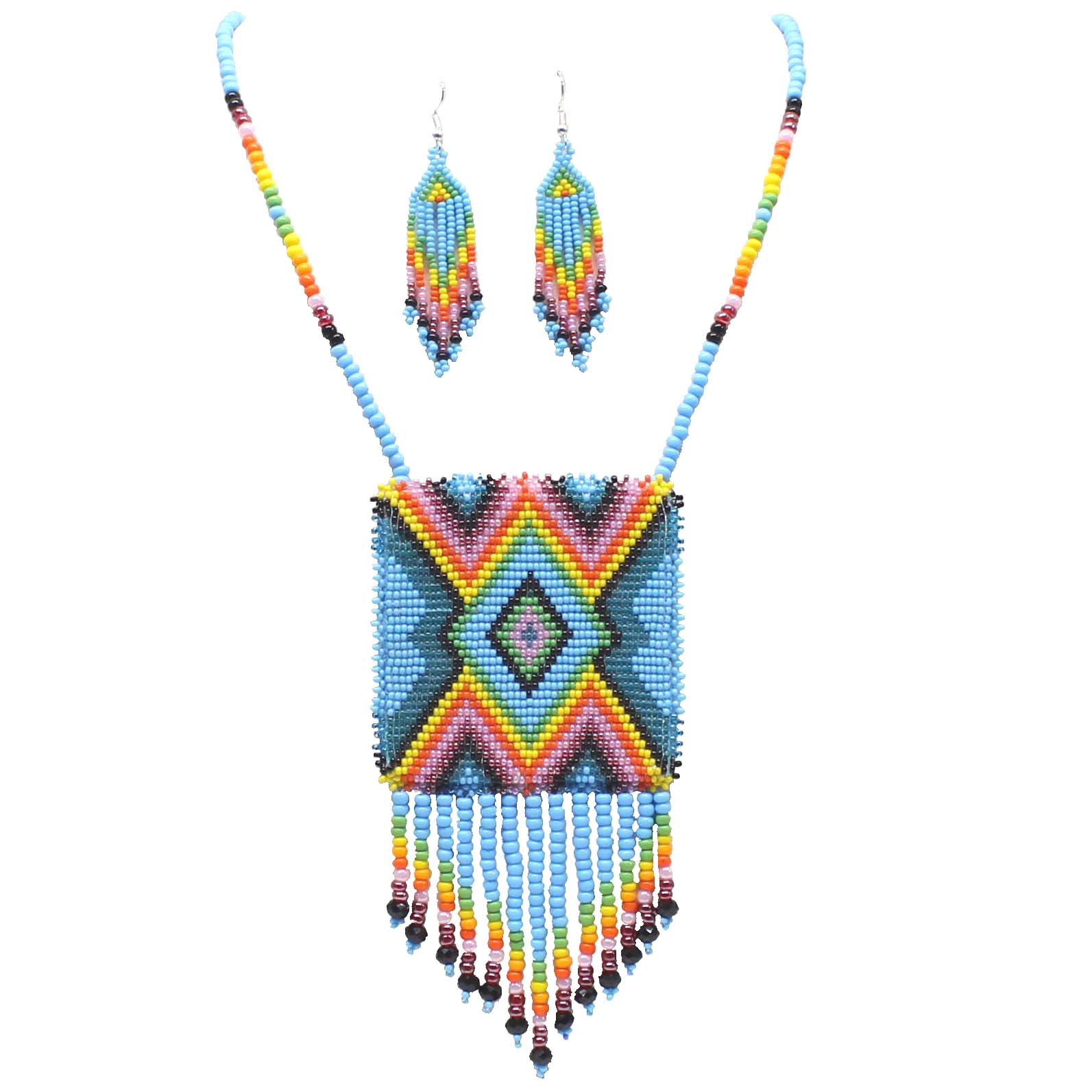Handmade beaded Cyan Blue Aztec pendant necklace set - WholesaleBeaded.com